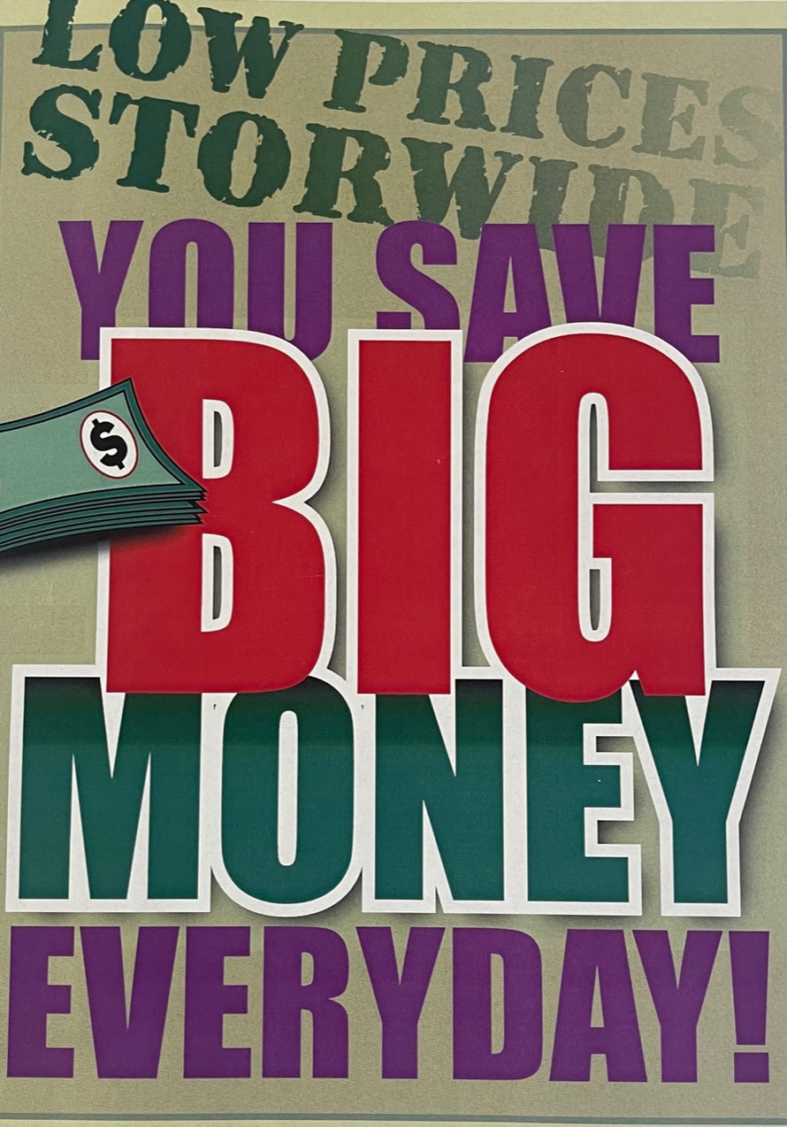 Save Big Money Gondola End Cap Hanging Sign Ceiling Dangler — screengemsinc