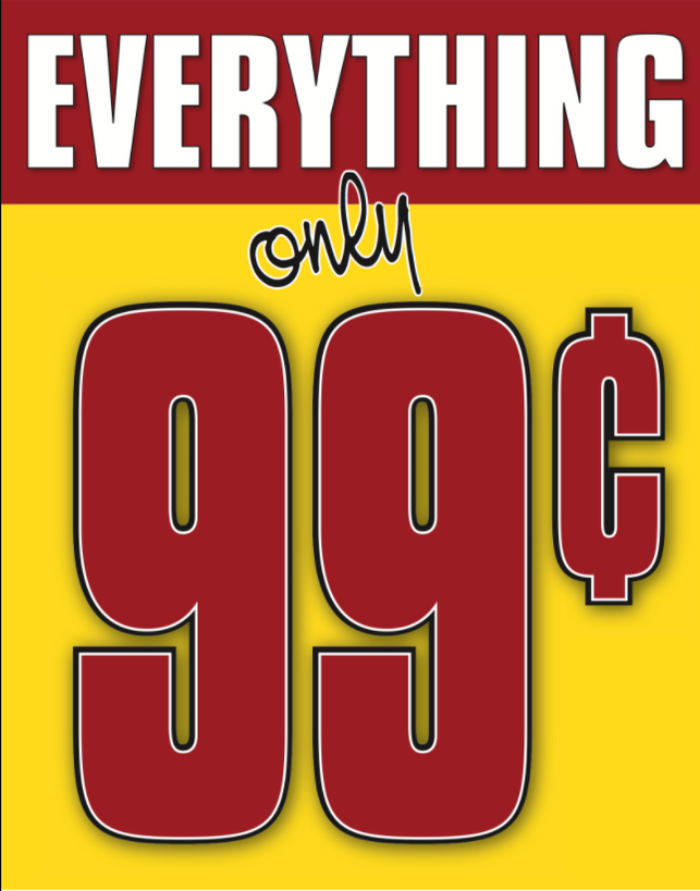 99 Cents Shelf Sign Price Cards-7" W x 11"H-10 pieces — screengemsinc
