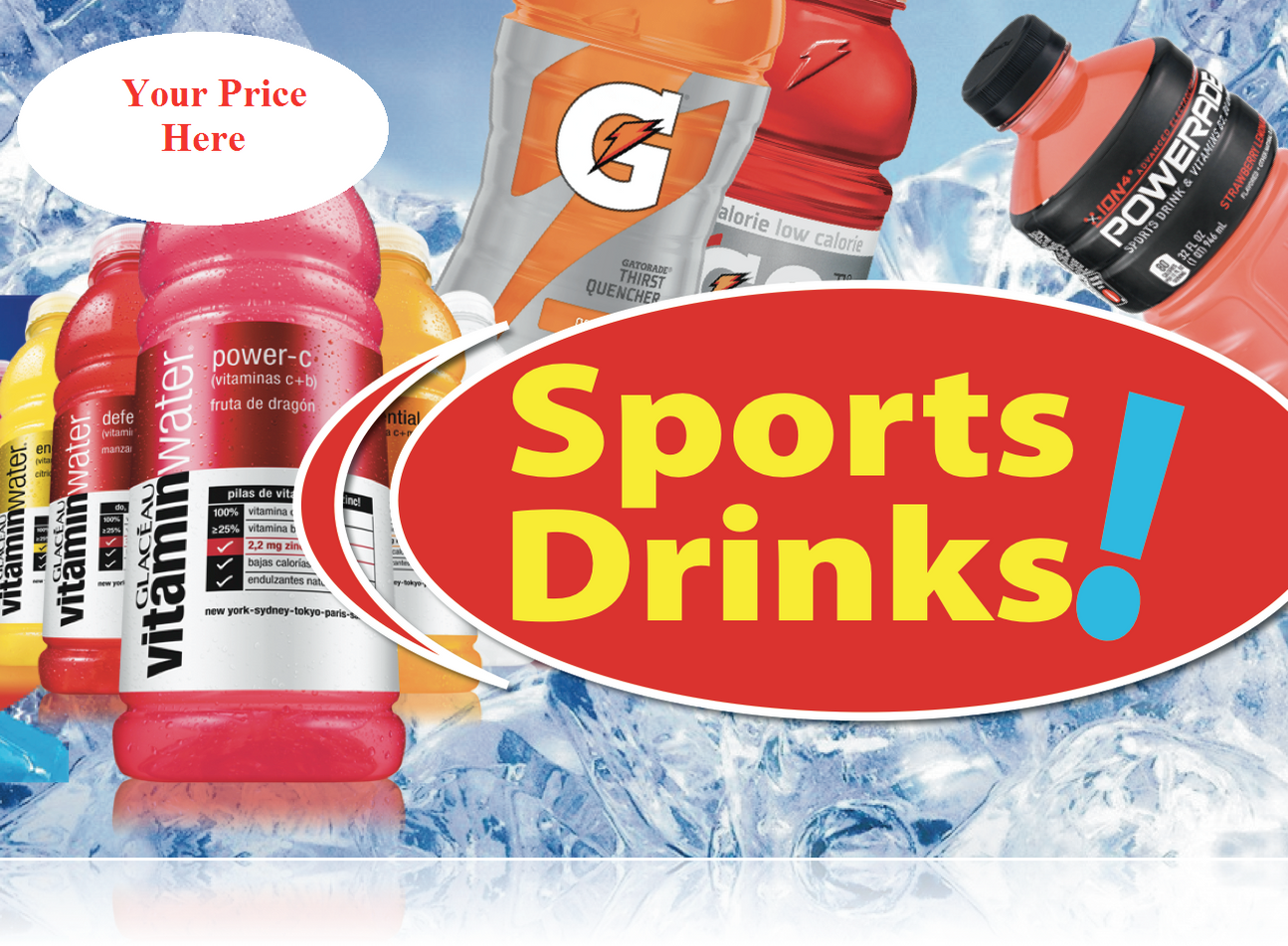 Ceiling Dangler Mobile Sign-Sports Drinks with Custom Price — screengemsinc