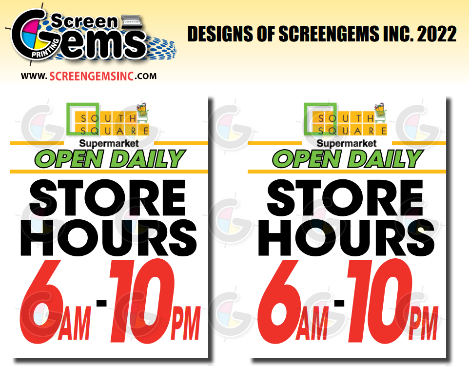 Custom Printed Store Hours Window Signs-36"W x 48"H — screengemsinc
